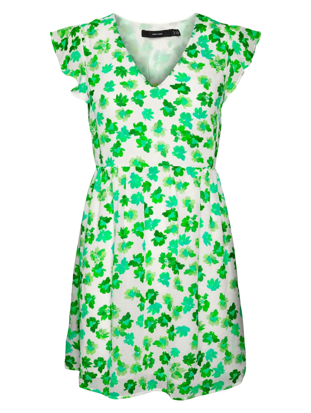 Robe courte sans manches verte fleurie avec une coupe patineuse et un col v VERO MODA - CCV Mode