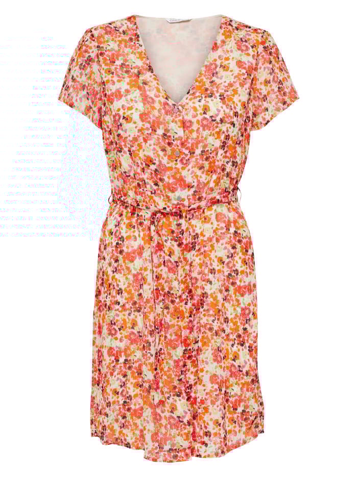Robe courte rouge fleuri avec un col v et une ceinture à nouer à la taille ONLY - CCV Mode