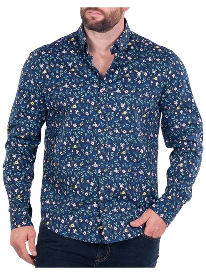 Chemise en coton bleu marine fleurie avec une coupe droite et un col américain RUCKFIELD - CCV Mode